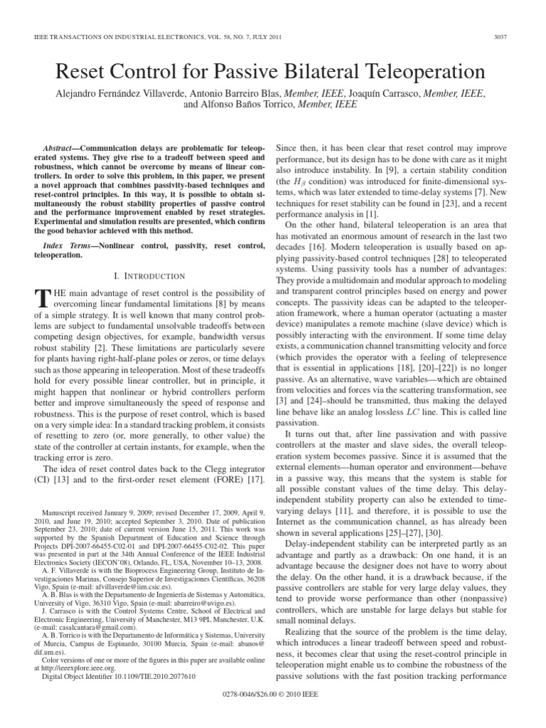 Reset Control For Passive Bilateral Teleoperation | PDF | Control Theory | Mechanics