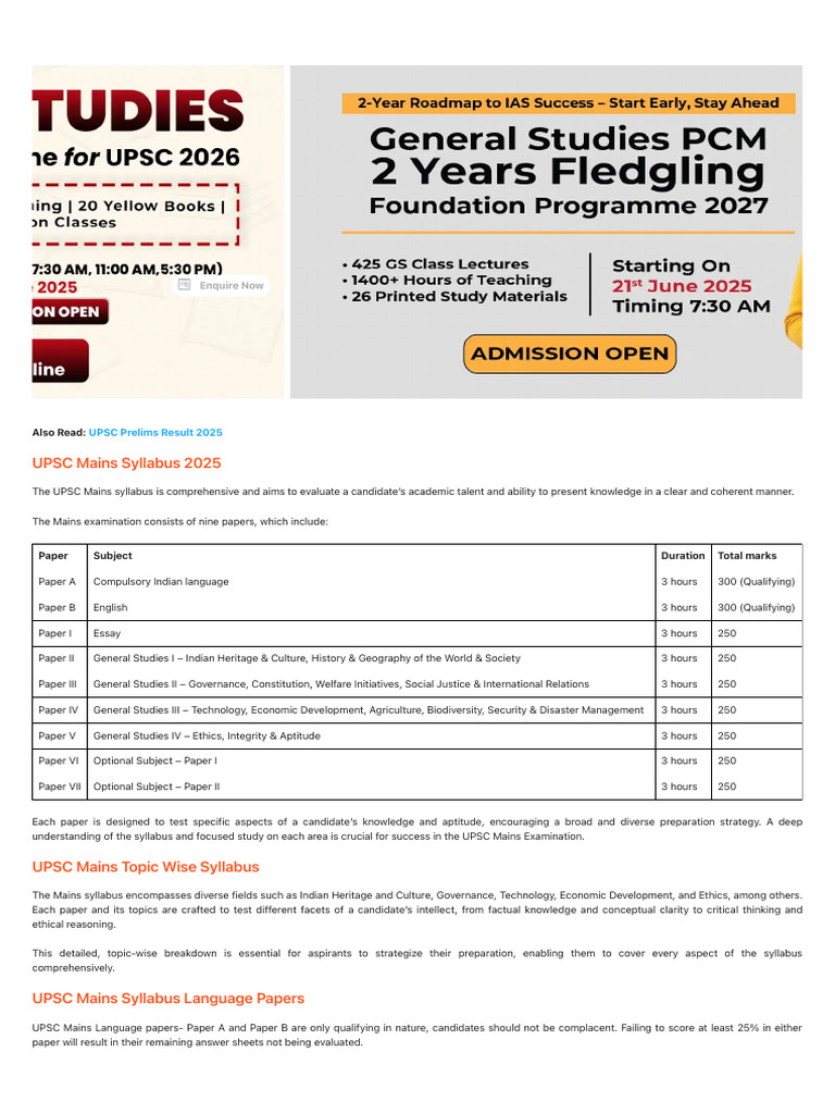 UPSC Mains Syllabus Overview 2025 | PDF | Languages Of India