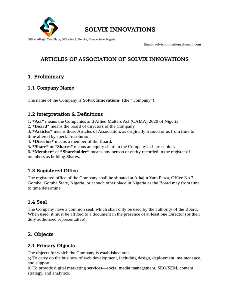 Articles of Association of Solvix Innovations | PDF | Liquidation ...
