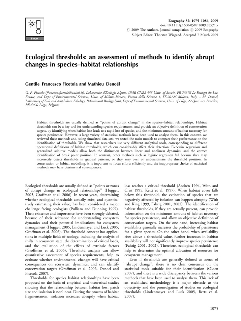 Ecological Thresholds An Assessment of Methods To Identify Abrupt Changes in Species | PDF ...