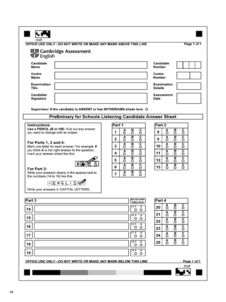 Cambridge b1 Listening Candidates Answer Sheet | PDF