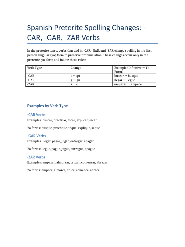 Preterite Changes for CAR, GAR, ZAR Verbs | PDF