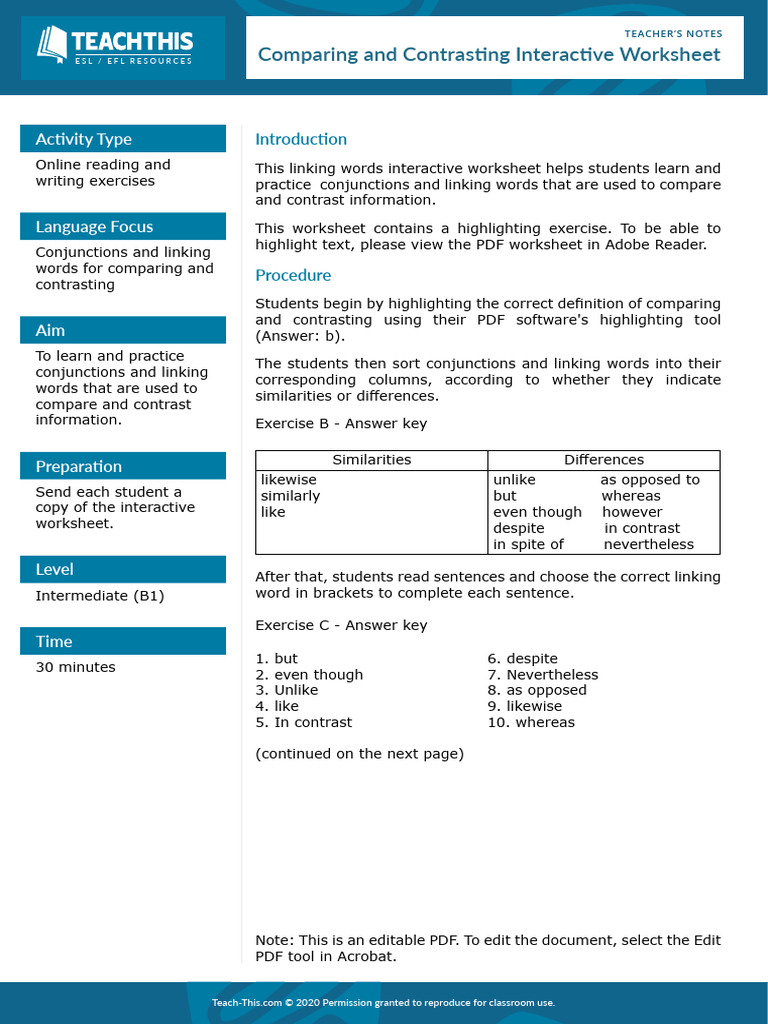 Comparing and Contrasting Interactive Worksheet Teachers Notes | PDF