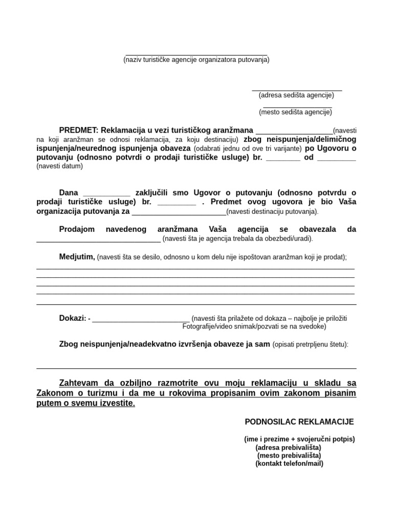 Model Podnosenja Reklamacije Turistickoj Agenciji | PDF