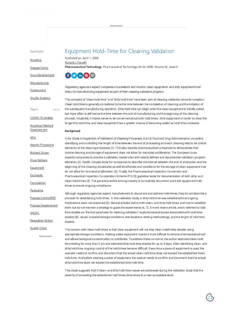 Equipment Hold-Time For Cleaning Validation | PDF