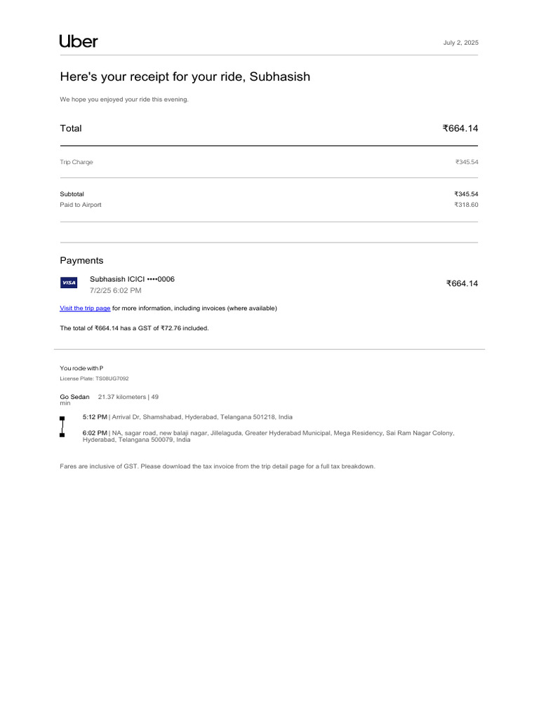 Uber Ride Receipt for Subhasish | PDF