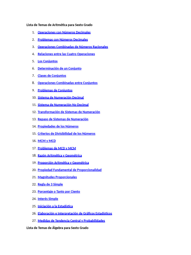 Lista de Temas para Sexto Grado | PDF | Números | Aritmética