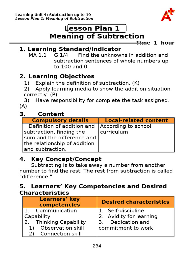 Lesson Plan 4-1 Meaning of Subtraction | PDF | Learning | Lesson Plan