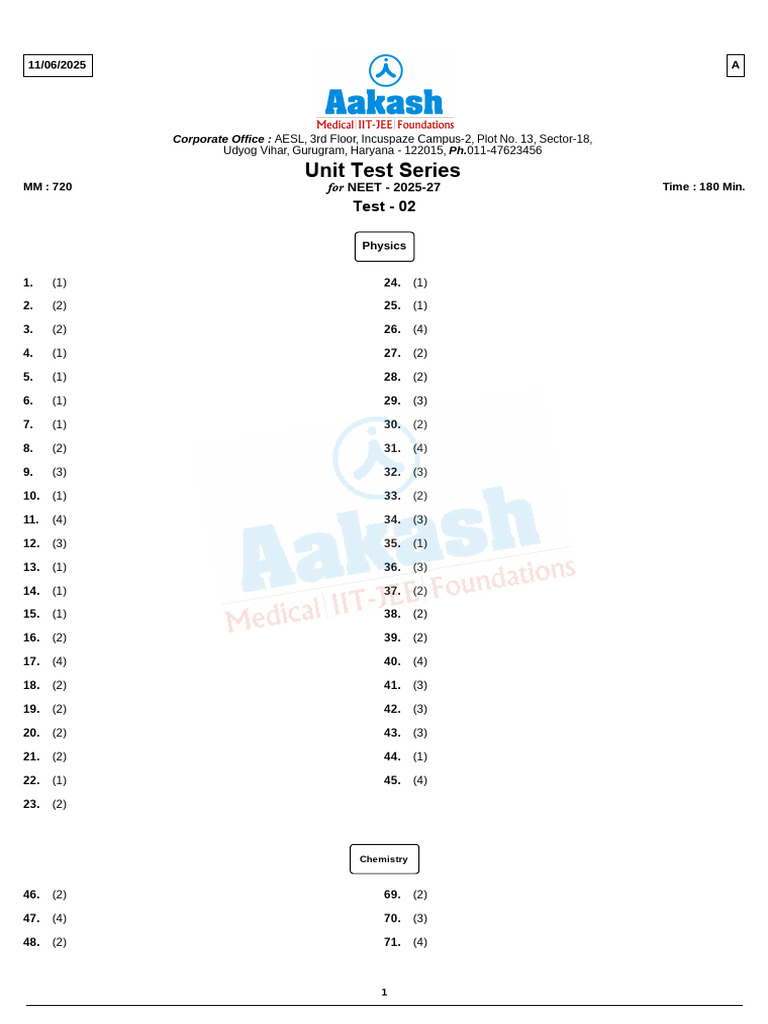 (TS) Tym - JCT (Phase-2) For Neet - Ut-02!11!06-2025 - Key & Solutions | PDF | Acceleration ...