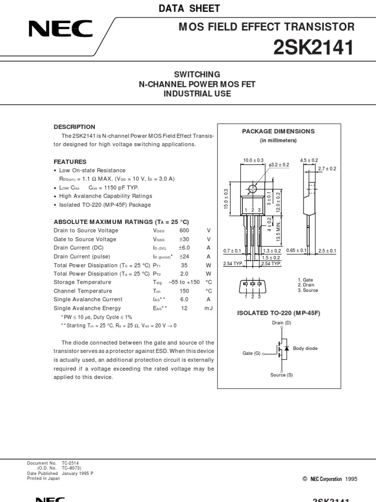 datasheet 2SK2141 | Field Effect Transistor | Mosfet