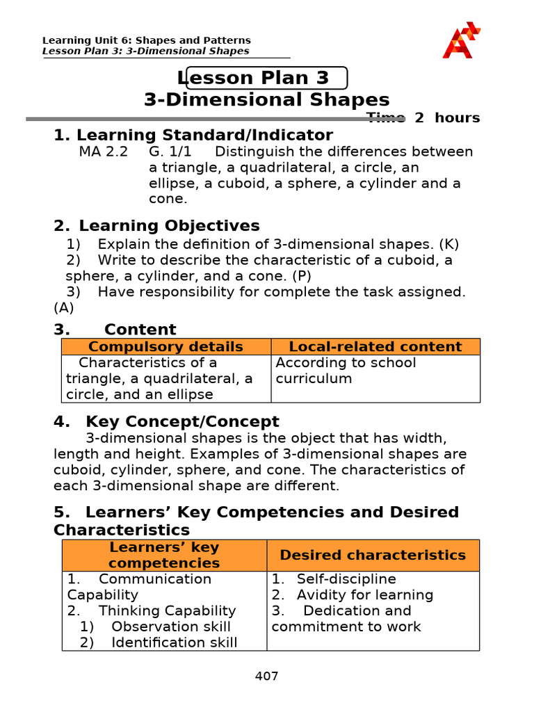 Lesson Plan 6-3 3-Dimensional Shapes | PDF | Shape | Learning
