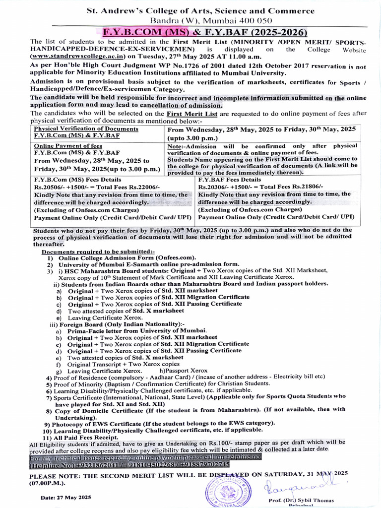 1st Merit List of FY Bcom MS | PDF | Credit Card | Payments