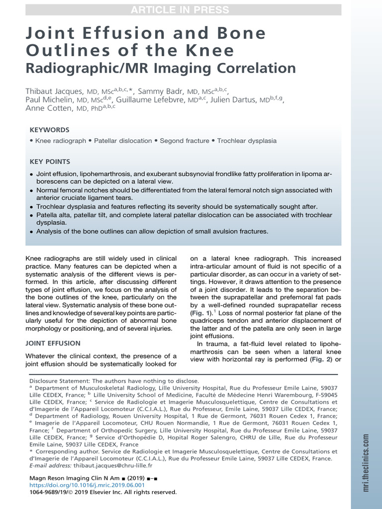 Joint Effusion and Bone Outlines of The Knee Radiographic MR Imaging ...