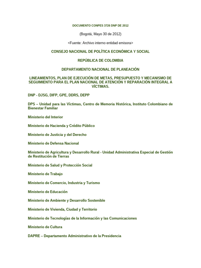 Documento Conpes 3726 DNP de 2012 | PDF | Ministerio (Departamento de Gobierno)