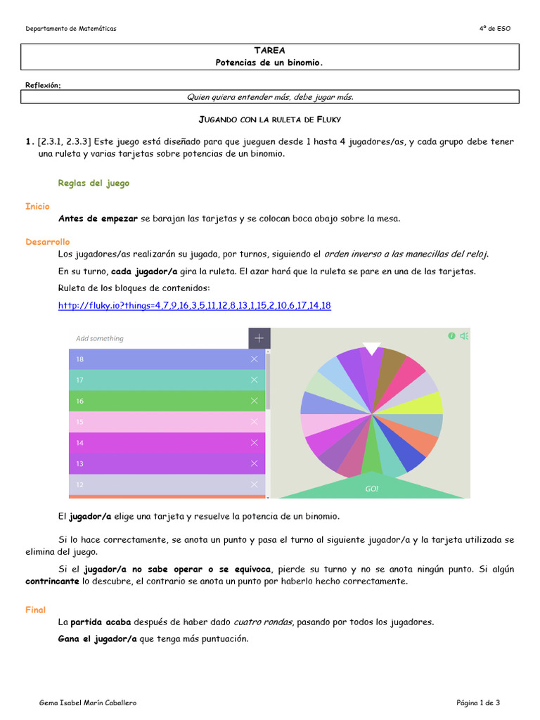 Potencias de Un Binomio. Ruleta | PDF | Juegos de azar | Juego de azar