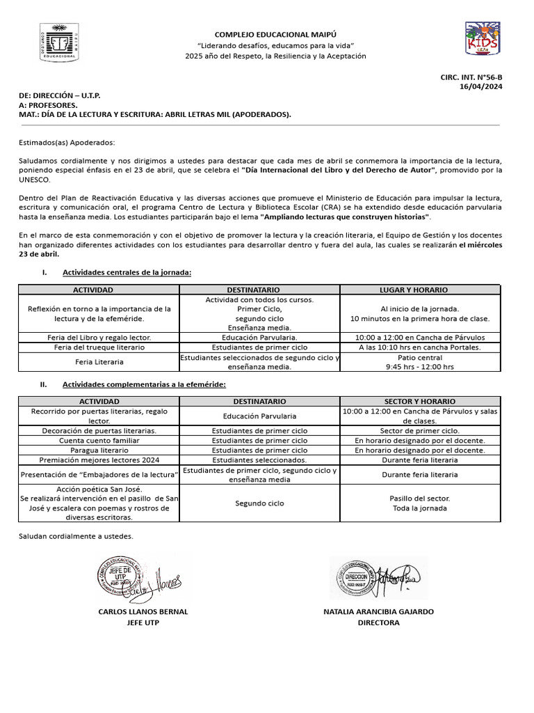 Circ. Int. 56-B Efeméride - Día de La Lectura y Escritura Abril Letras ...
