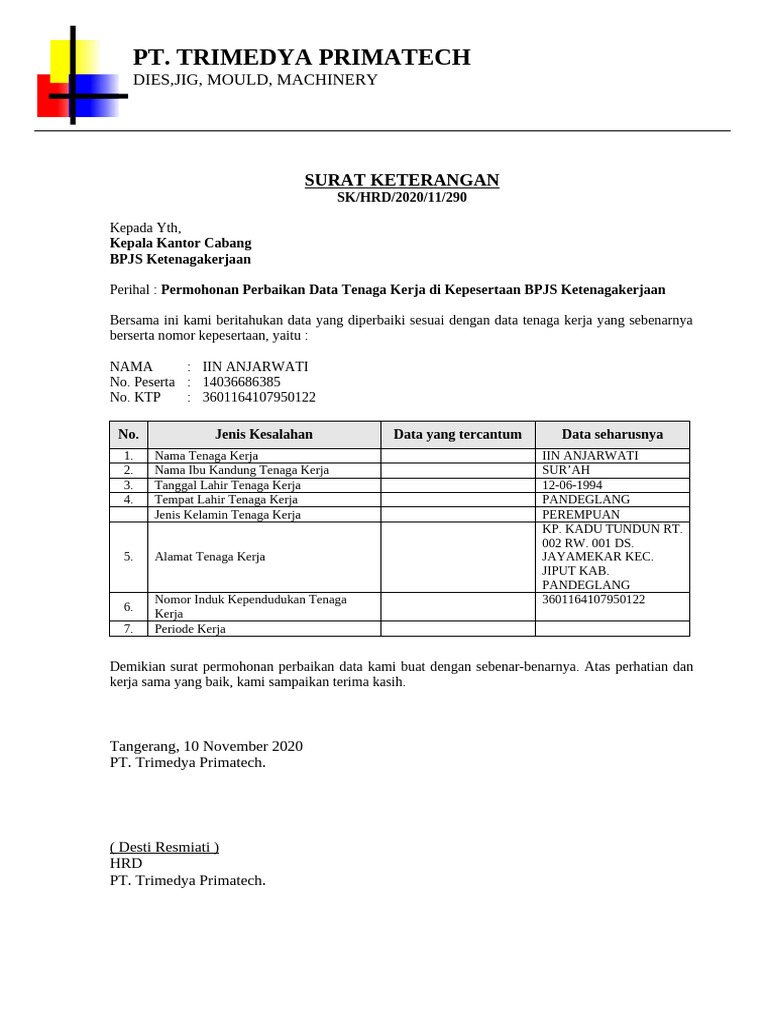 Surat Keterangan Beda Data | PDF