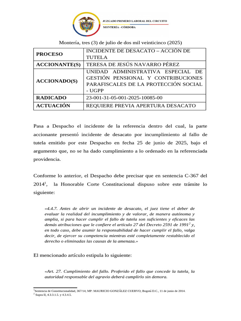 Incidente de Desacato en Acción de Tutela | PDF | Ley Pública | Gobierno