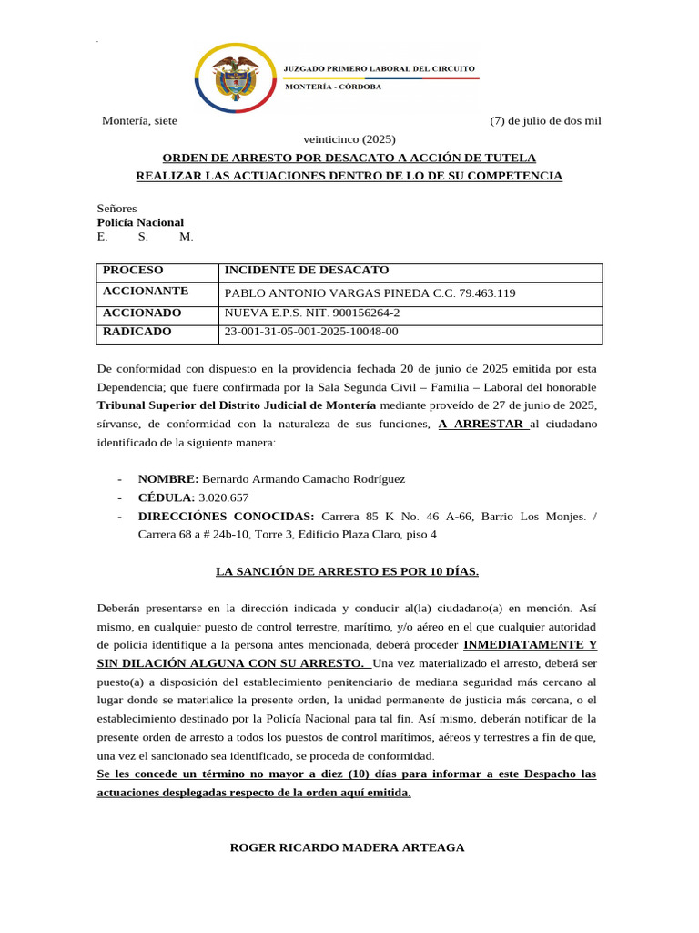 Orden de Arresto por Desacato 2025 | PDF