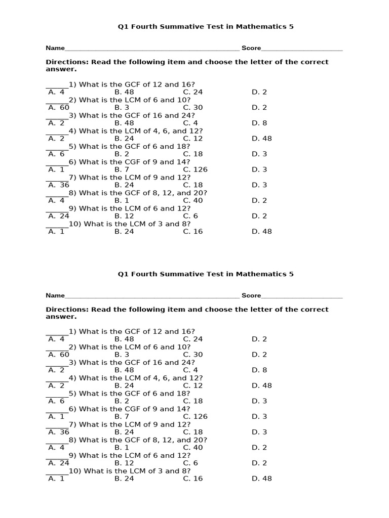 Q1 Fourth Summative Test in Mathematics 5 | PDF