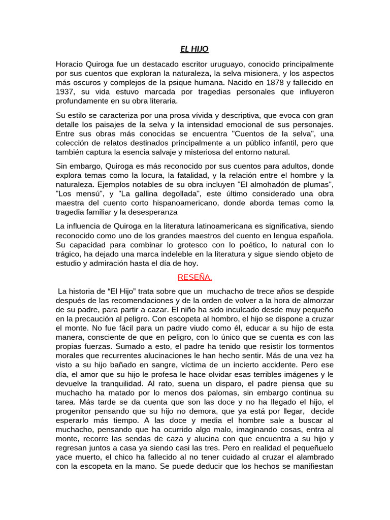 Análisis de "El Hijo" de Quiroga | PDF | Tragedia