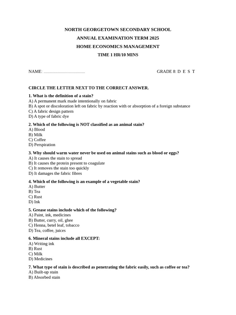 Home Economics Exam: Grade 8 Stains & Metals | PDF | Metals | Ductility