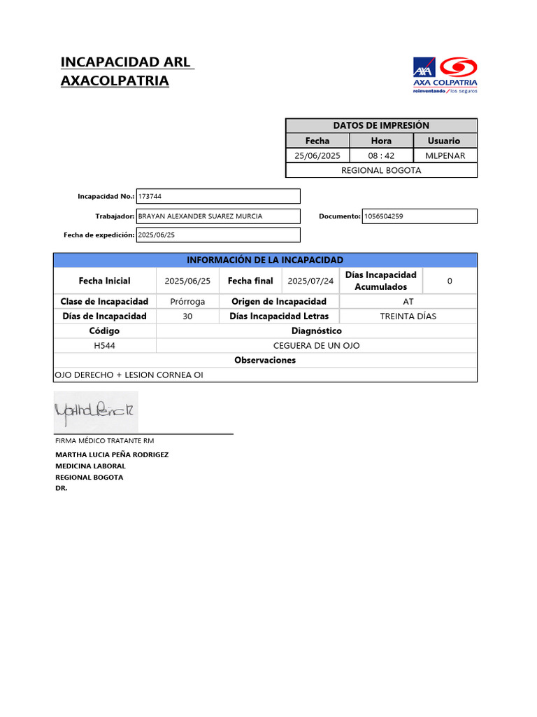 ReporteIncapacidad Brayan | PDF