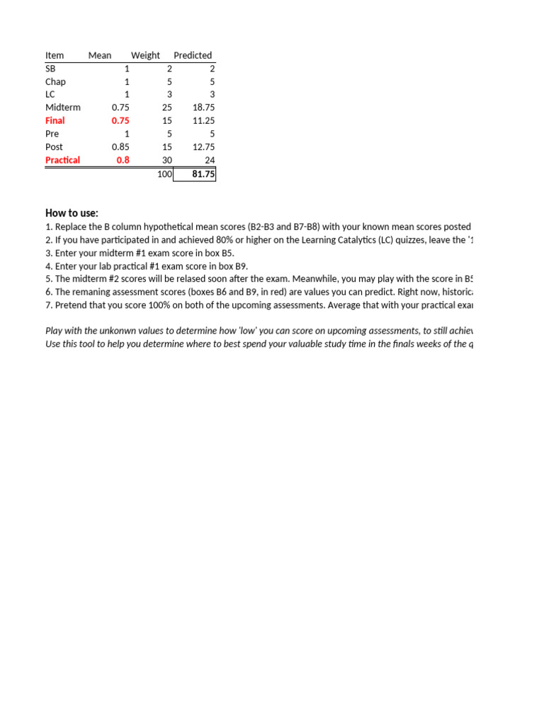 BIO 231 and 232 Grade Predictor Calculator | PDF
