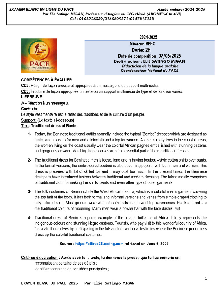 Examen Blanc Pace Bepc 2025 | PDF | Fashion | Softlines (Retail)