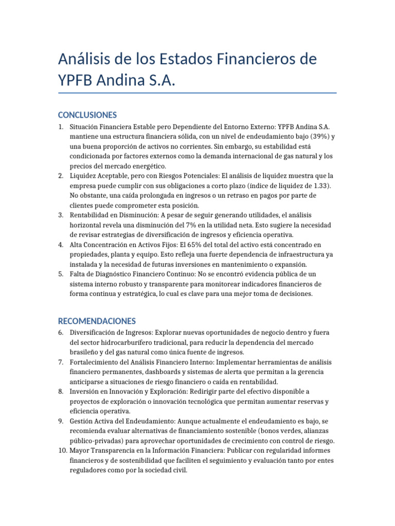 Informe Financiero YPFB Andina | PDF | Deuda | Sustentabilidad