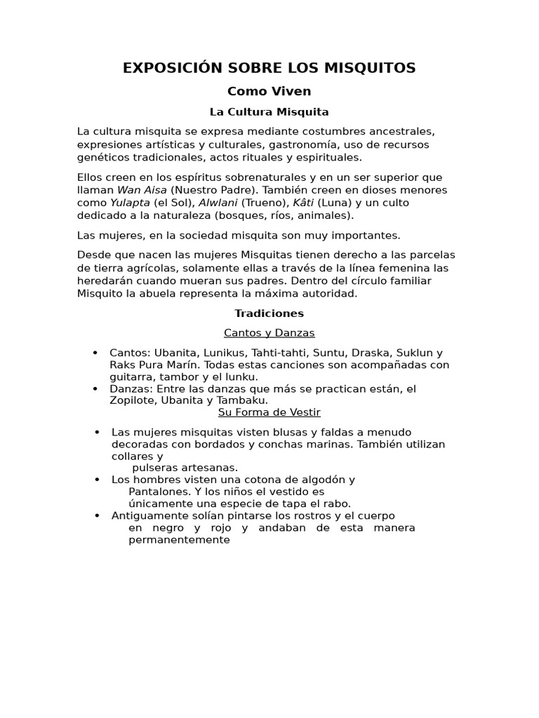 Costumbres y Actividades de los Misquitos | PDF