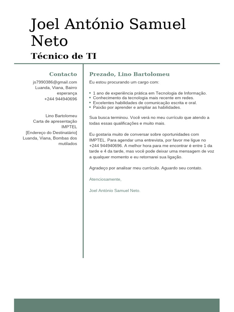 Carta de Apresentação - Joel António Neto | PDF