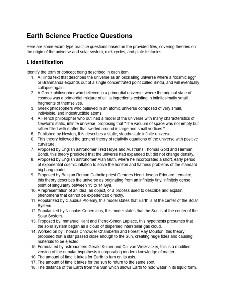 Earth Science Exam Practice Questions | PDF | Universe | Plate Tectonics