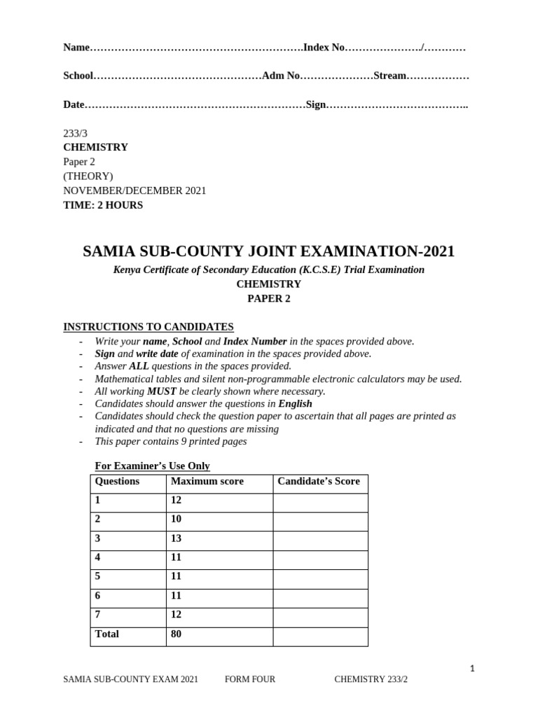 2022 Samia Mock Chemistry Pp2 | PDF | Salt (Chemistry) | Chemical Reactions