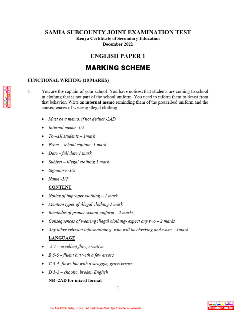 KCSE 2021 English Paper 1 Marking Scheme | PDF