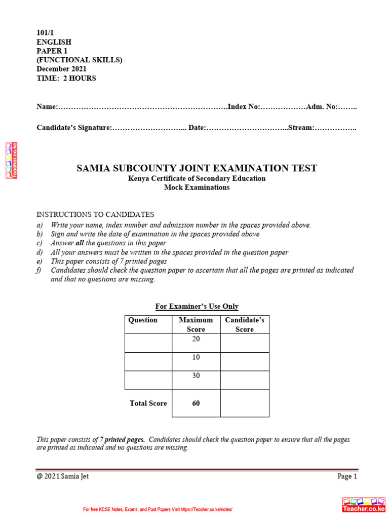2022 Samia Mock English Paper 1 | PDF