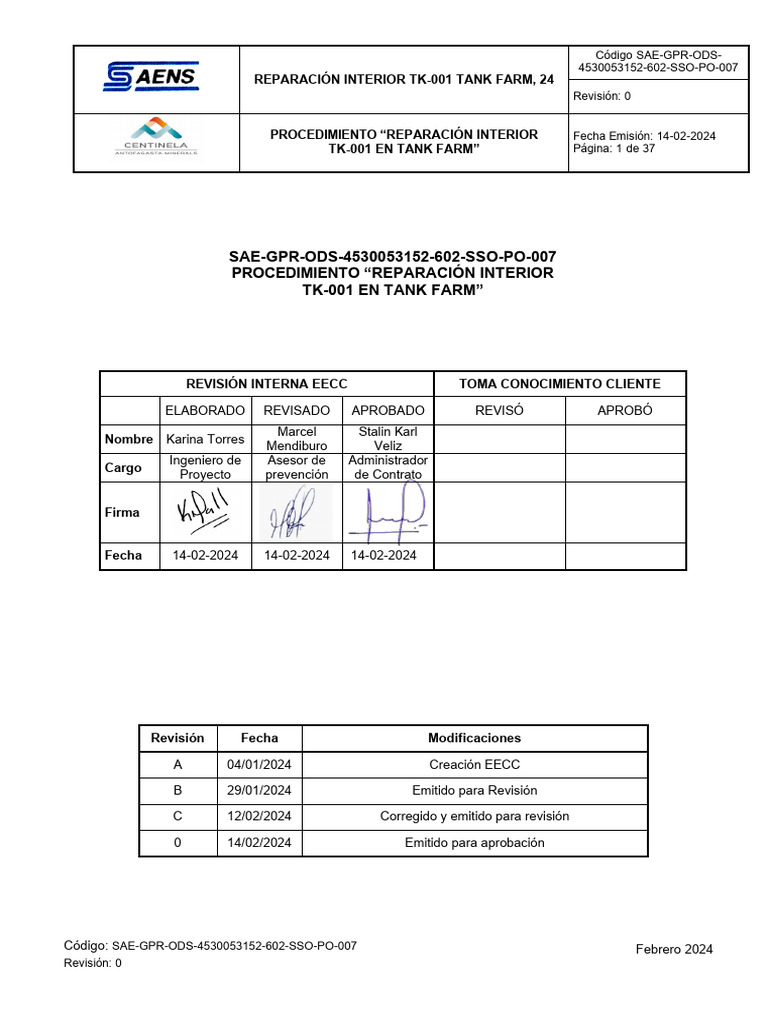 SAE-GPR-ODS-4530053152-602-SSO-PO-007 Reparación Del Interior TK-001 Rev0 | PDF | Hormigón ...