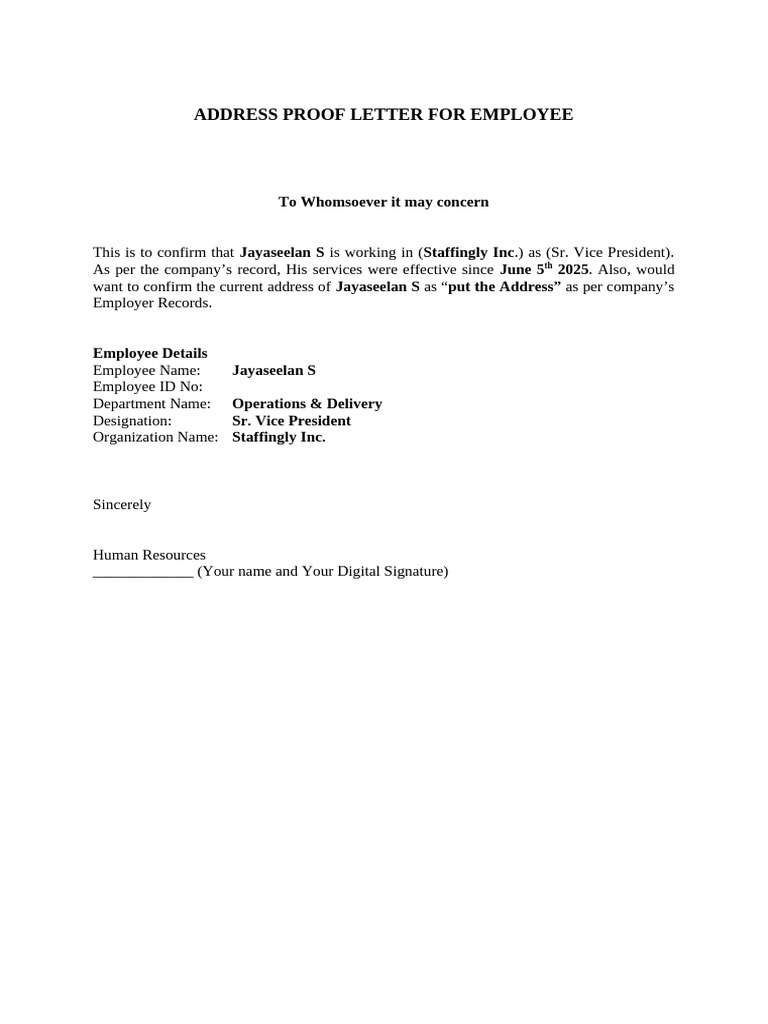 Address Proof Letter For Employee | PDF