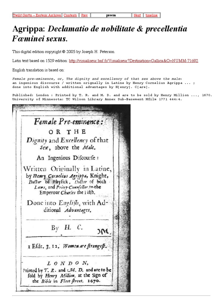 Agrippa - Declamatio de Nobilitate & Precellentia Fœminei Sexus | PDF ...