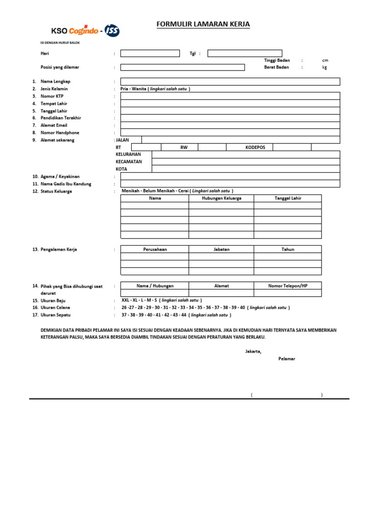 Formulir Lamaran Kerja Lengkap | PDF