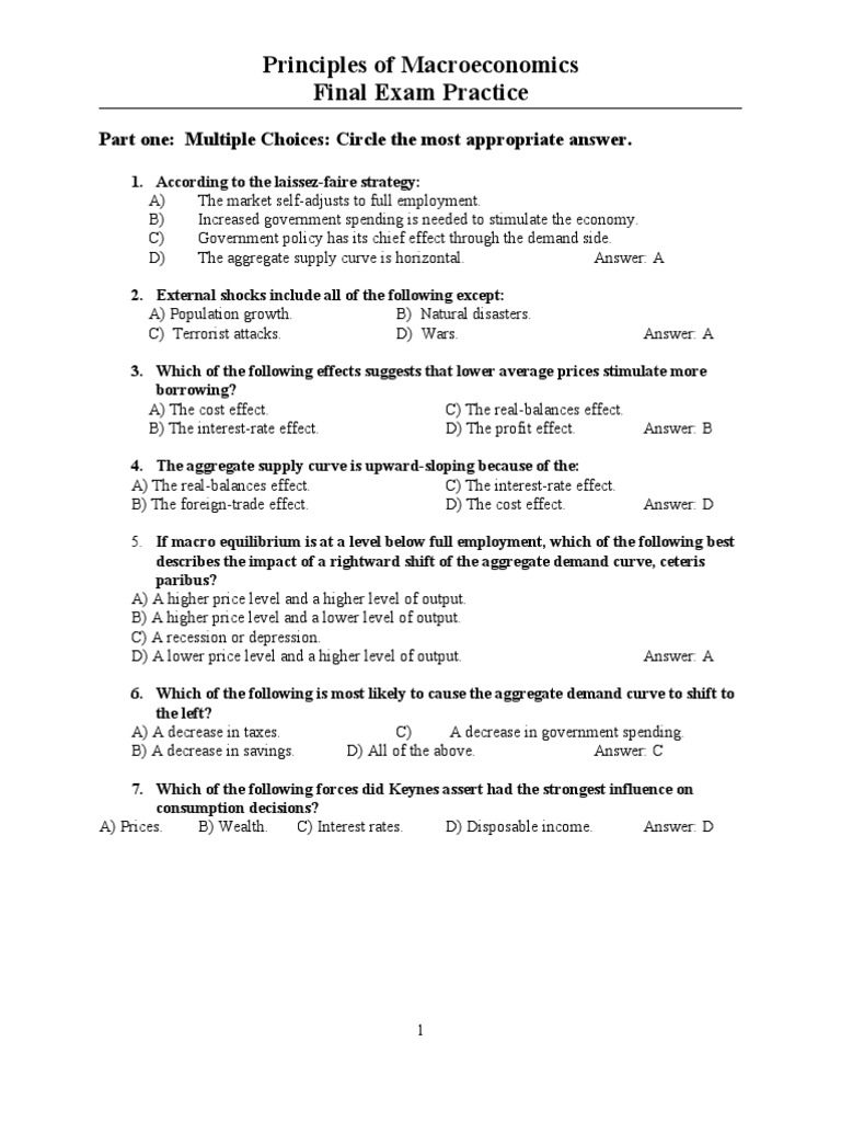 Principles Of Macroeconomics Final Exam Practice Part One Multiple