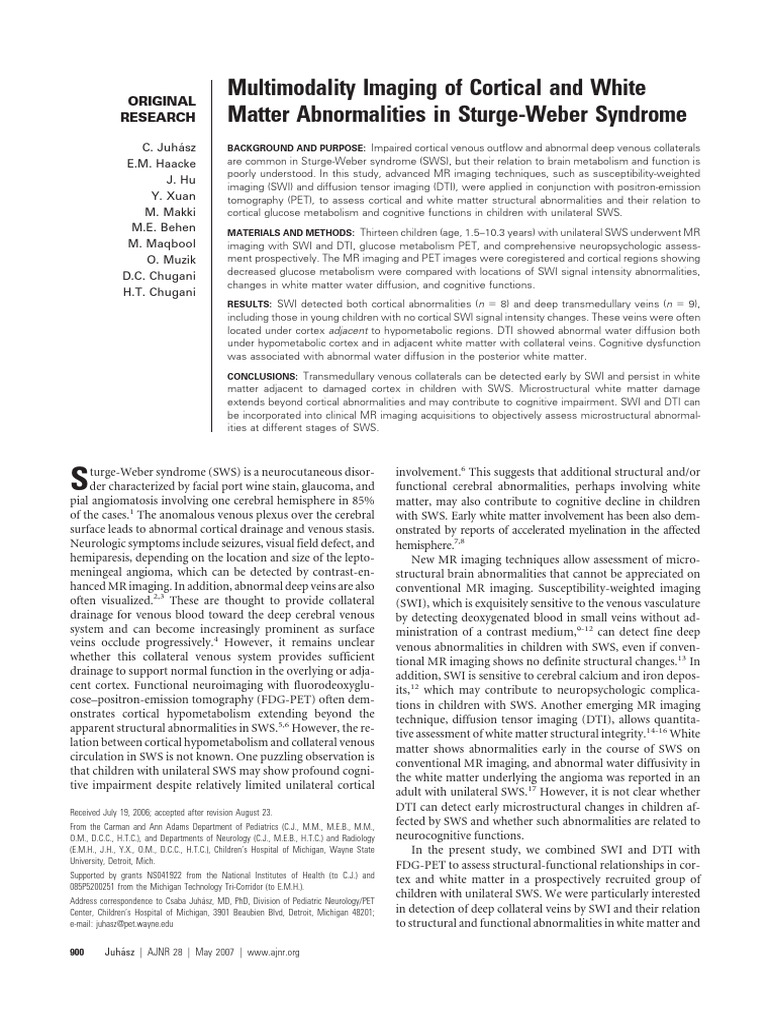 Multimodality Imaging of Cortical and White Matter Abnormalities in Sturge-Weber Syndrome | PDF ...