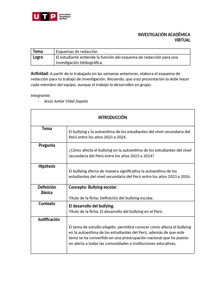S10 - Tarea - Borra - Esquema de Redaccion - JESUS JUNIOR VIDAL ZAPATA | PDF | Cognición