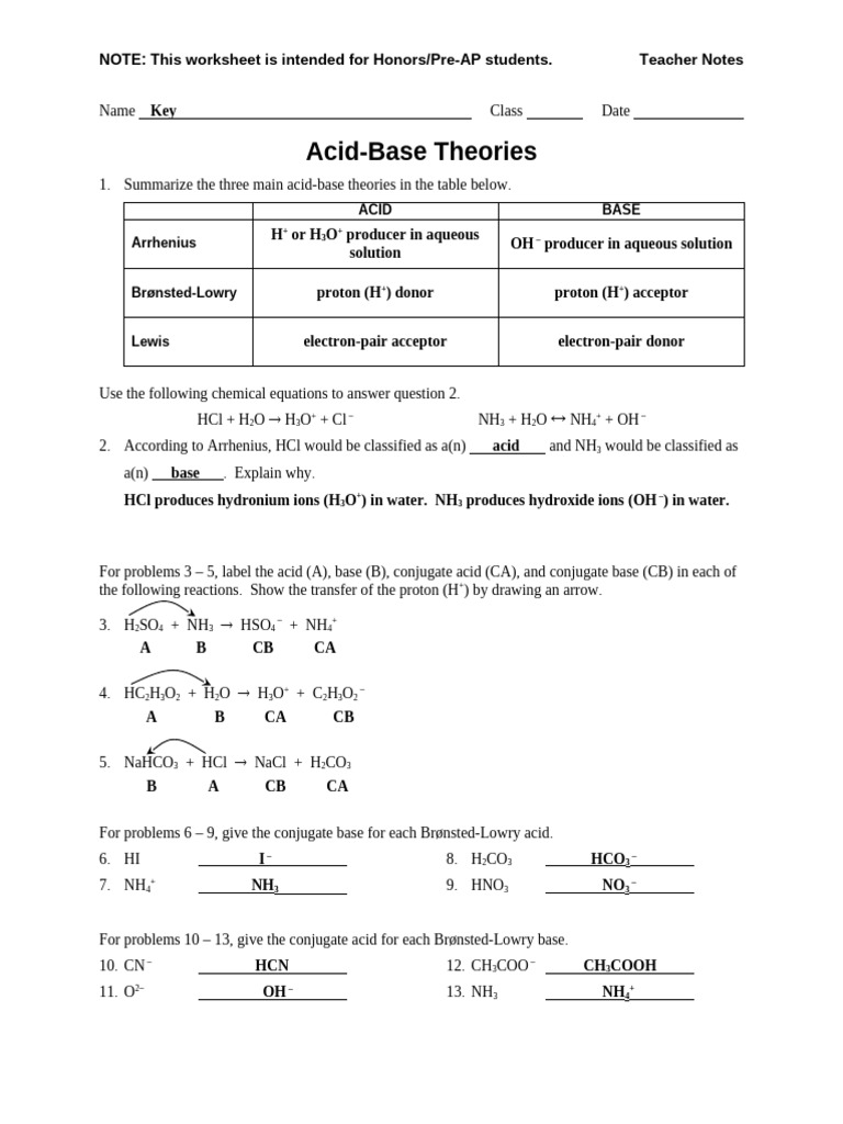 Theories (Acid Base) Ws. Key | PDF | Acid | Physical Chemistry