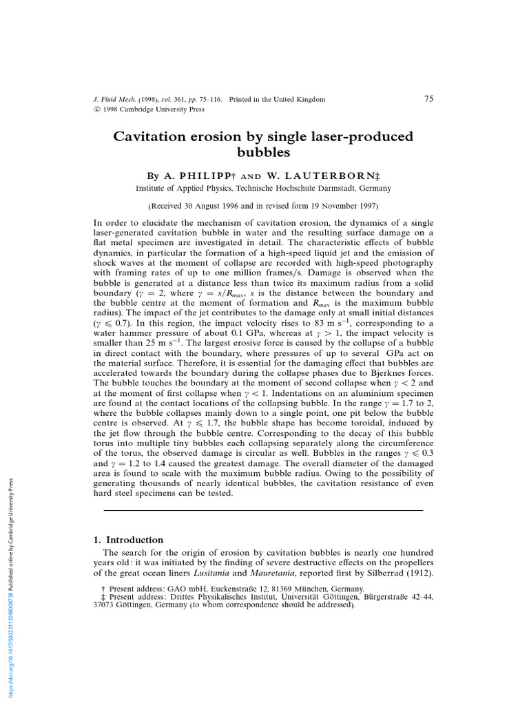 Cavitation Erosion by Single Laser Produced Bubbles | PDF | Motion ...