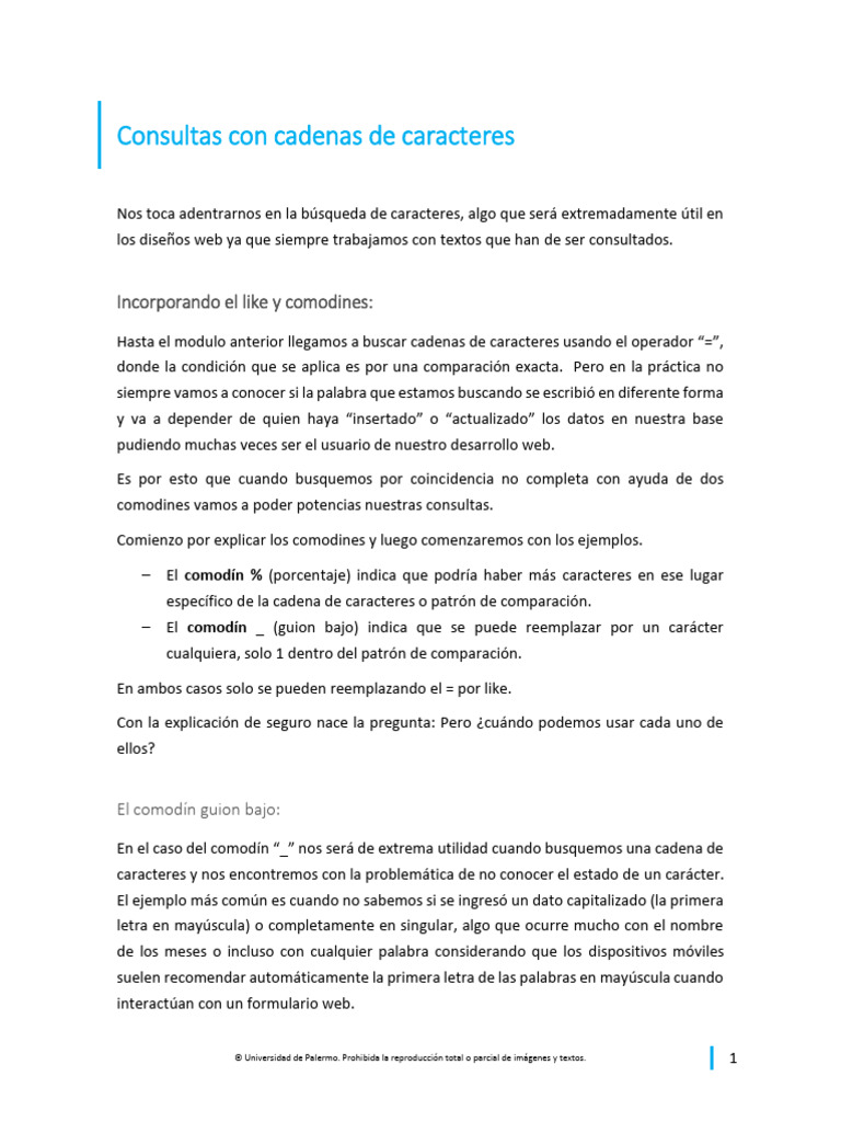 Consultas Con Cadenas de Caracteres | PDF | Cadena (informática) | Informática
