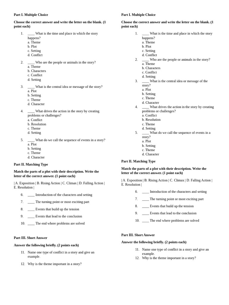 Elements of A Short Story Quiz | PDF | Plot (Narrative) | Chess Theory