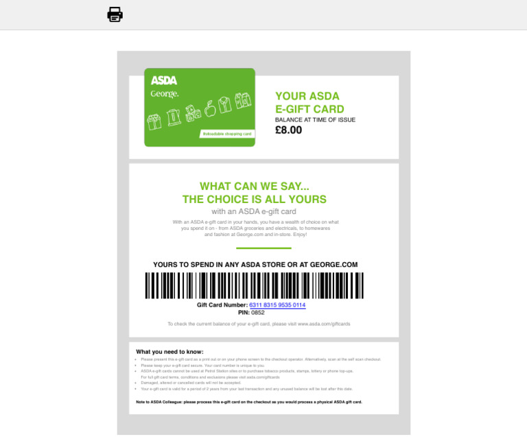 ASDA E-Gift Card Usage and Balance Guide | PDF