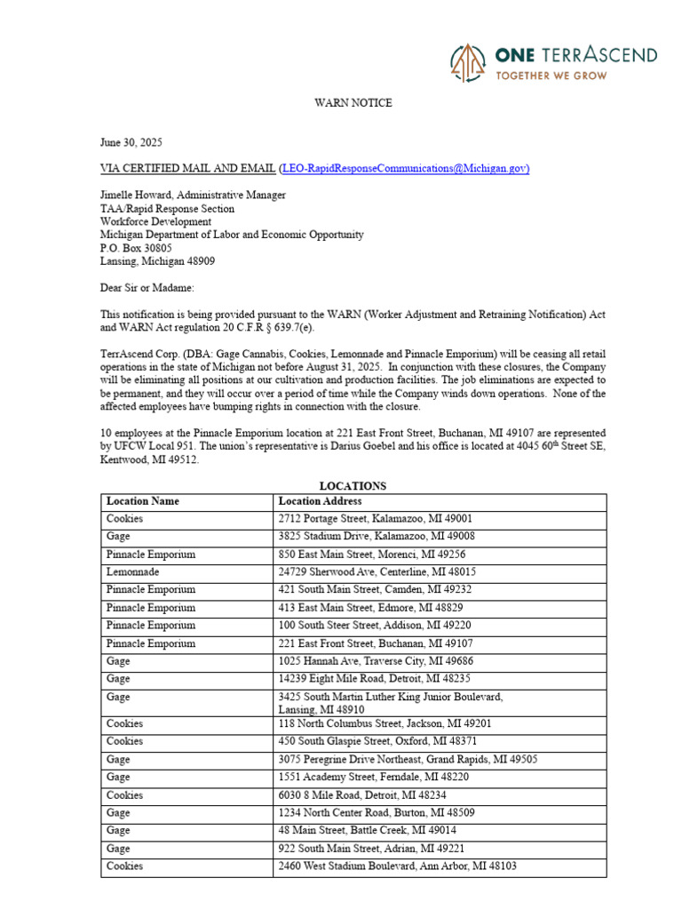 TerrAscend Michigan WARN Notice 2025 | PDF | Business