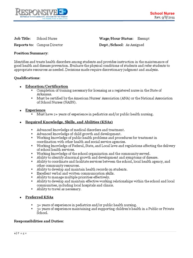 AR School Nurse Job Description Rev 8-19-2011 | PDF | Health Insurance ...